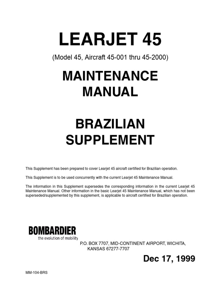 Learjet 45 Maintenance Manual Supplement | PDF | Aviation | Aircraft