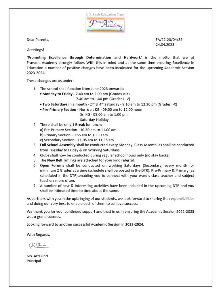 Letter To Parents - New School Timings - English | PDF