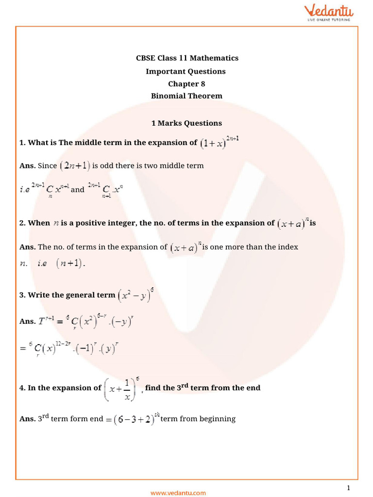 Binomial Theorem Important Questions 2023 24 Pdf Combinatorics Mathematical Objects