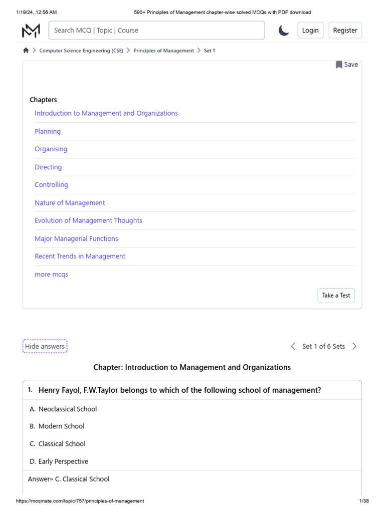 590 Principles Of Management Chapter Wise Solved Mcqs With Pdf Download Pdf Employment