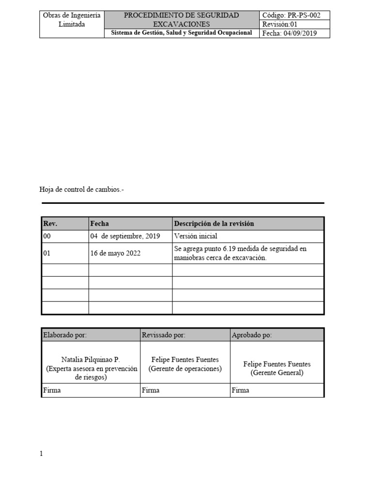 Procedimiento de Excavaciones - PR-PS-002 | PDF | Seguridad y salud ...