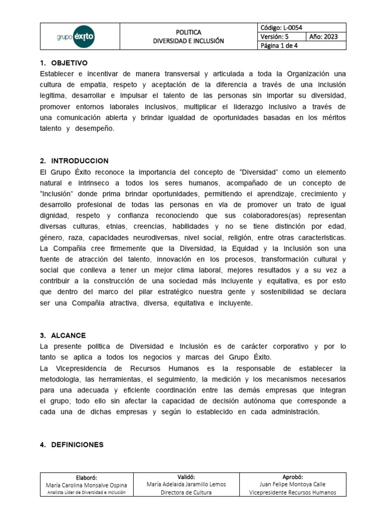L-0054 Politica Diversidad e Inclusión | PDF | Inclusión (Educación) | Igualdad de género