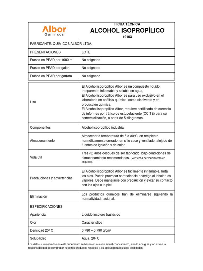 FT Alcohol Isopropilico 2019 | PDF | Materiales | Compuestos químicos
