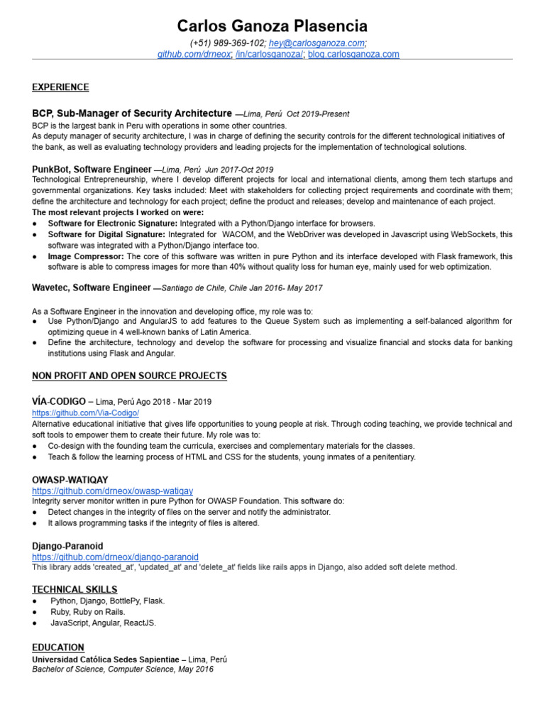 Carlos Ganoza: Software Engineer Profile | PDF | Software | Python (Programming Language)
