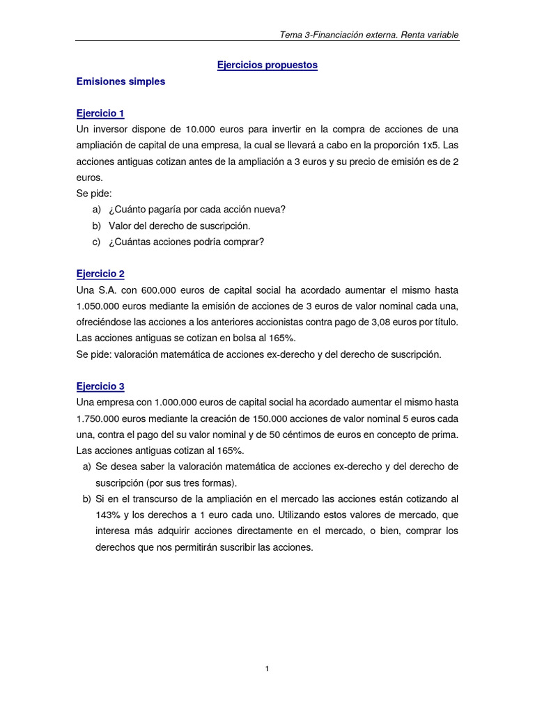 Boletín Ejercicios Tema 3 - Renta Variable | PDF | Compartir (Finanzas) | Dividendo