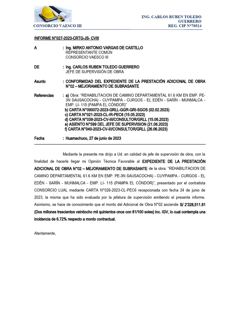 Informe N°027-2023-Js-Crtg - Conformidad Adicional de Obra N°02 | PDF | Presupuesto | Regulación