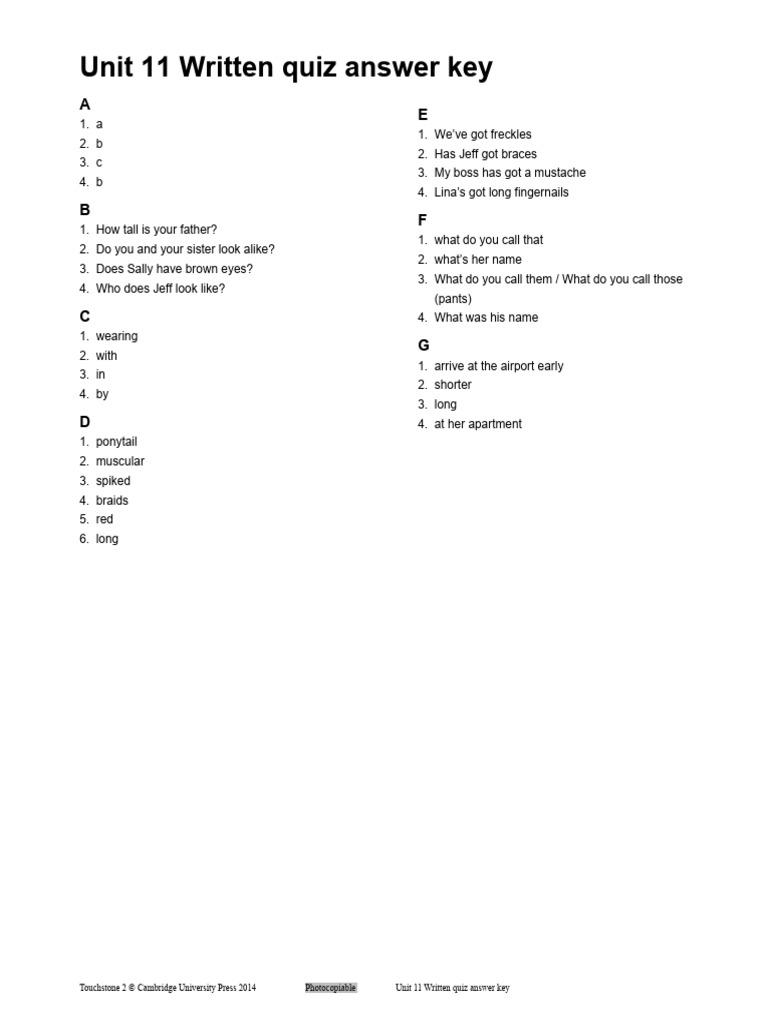 Unit 11 Written Quiz Answer Key | PDF