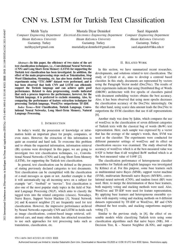 CNN vs. LSTM For Turkish Text Classification | Download Free PDF ...