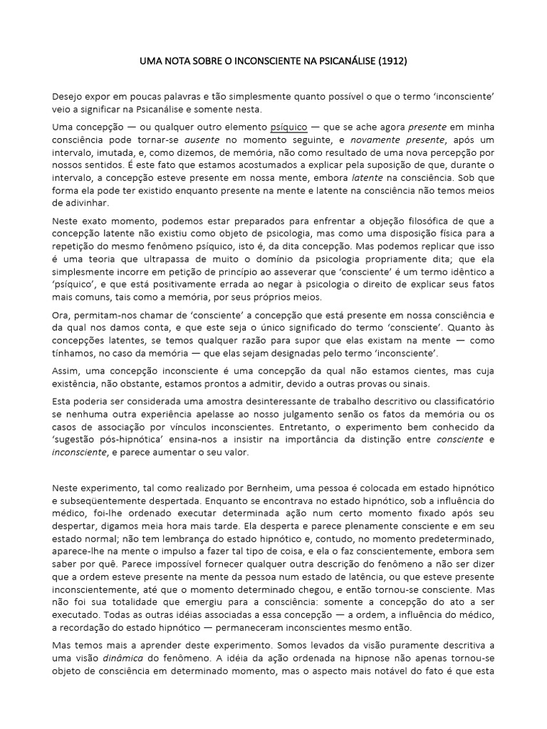 Uma Nota Sobre o Inconsciente Na Psicanálise - 1912 | Download grátis PDF | Mente inconsciente ...