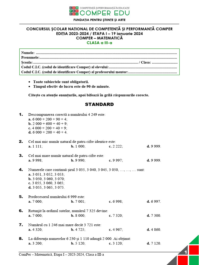 Subiect Comper Mate EtapaI 2023 2024 clasaIII | PDF