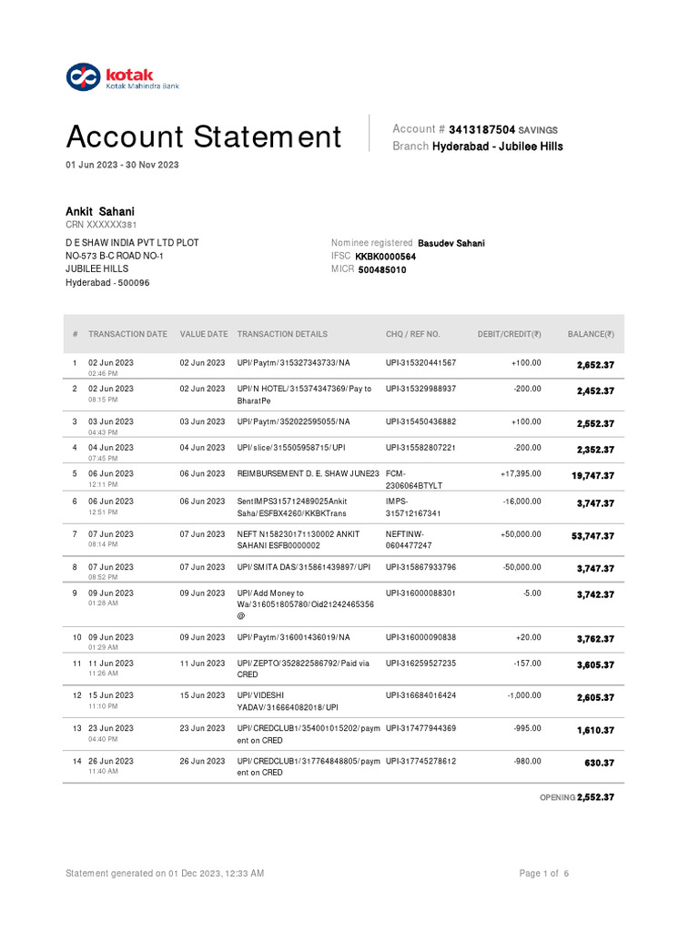 Ankit Sahani Savings Account Statement | PDF | Debits And Credits | Institutional Investors