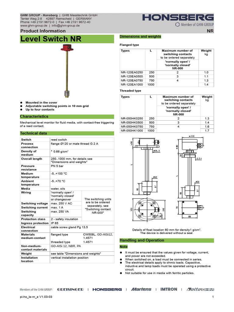 Chave de Nível - (UHLM) - Honsberg | PDF | Switch | Electrical Wiring