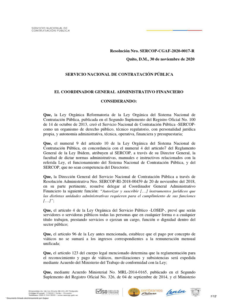 Reglamento - Viaticos - Sercop Cgaf 2020 0017 R 1 | PDF | Regulación ...