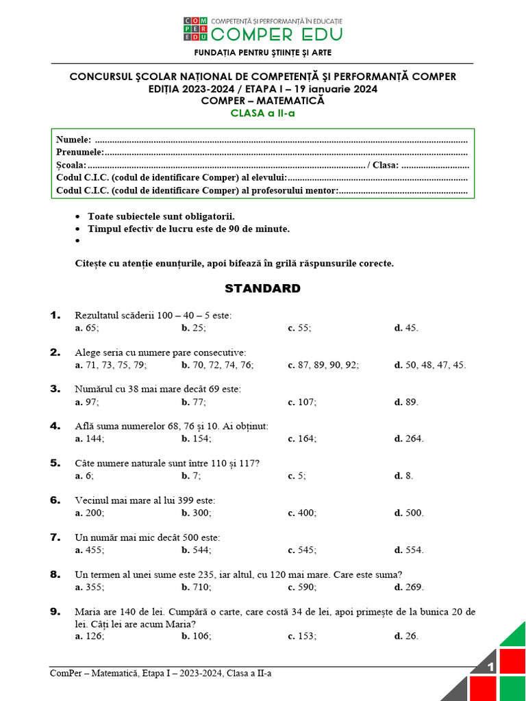 Subiect Comper Mate EtapaI 2023 2024 clasaII | PDF