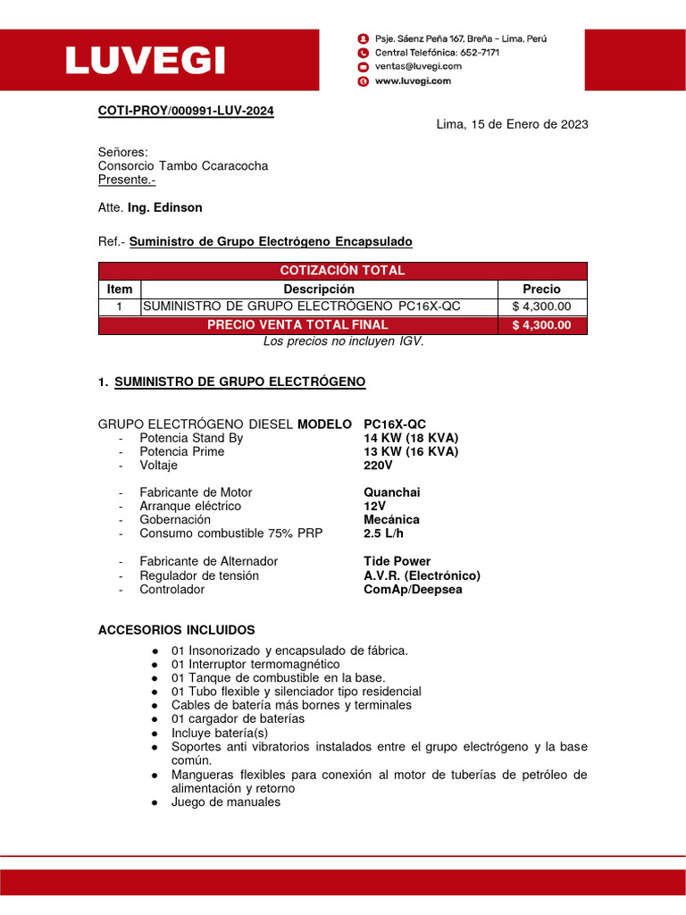 Suministro de Grupo Electrogeno 14 KW Stand by - Luvegi Ingenieros ...