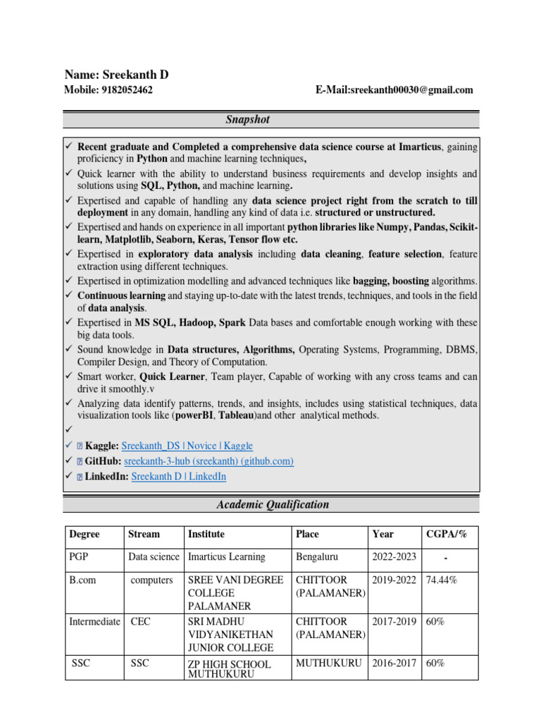 Sreekanth Resume | PDF | Data | Data Science