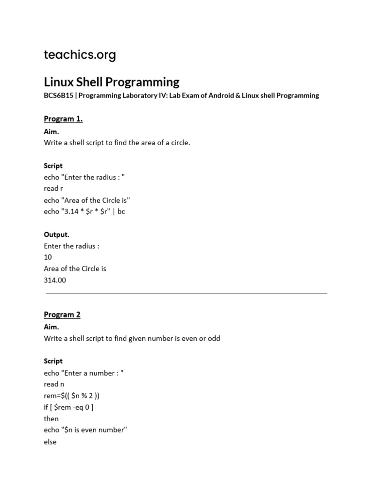 Linux Shell Programs Teachics Pdf Filename Arithmetic 