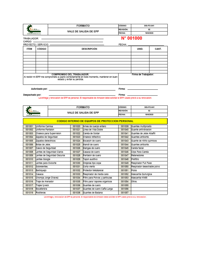 SIG-FO-041 Vale de Salida de EPP | PDF | Equipo | Accesorios de moda