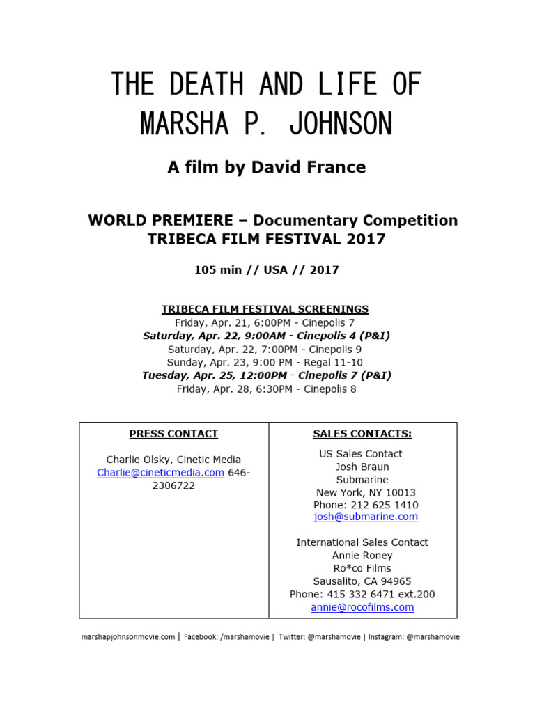 Press Kit The Death and Life of Marsha P Johnson 040617 | Download Free ...