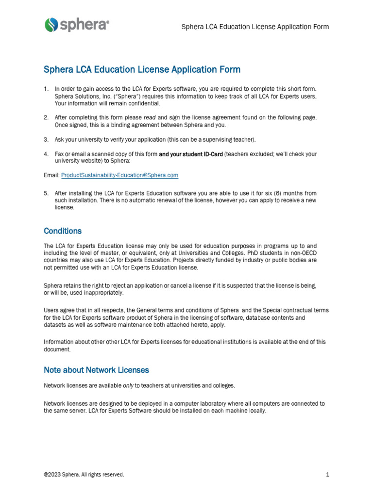 Sphera-LCA-Education-License-Application-Form_2023 | PDF | Damages | Life Cycle Assessment