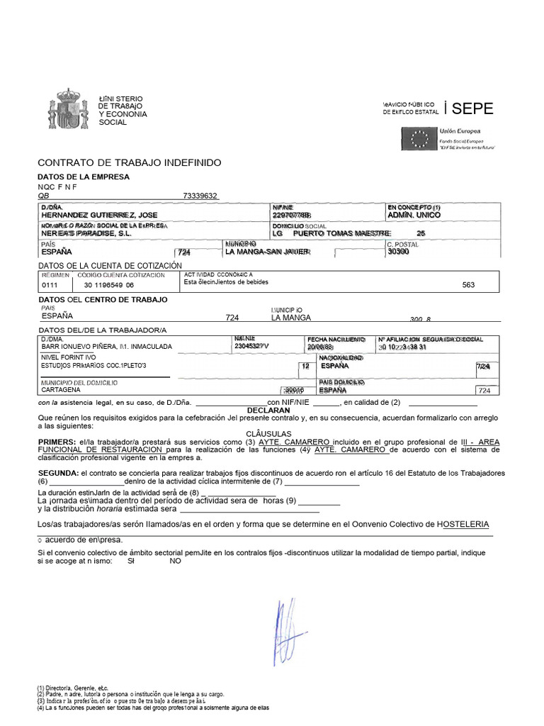 Modelo de Contrato Indefinido SEPE | PDF | Tiempo de trabajo | Salario
