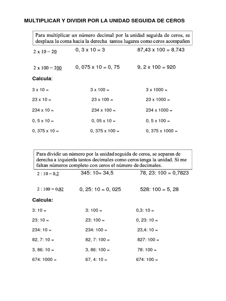 Multiplicar Y Dividir Por La Unidad Seguida de Ceros | PDF