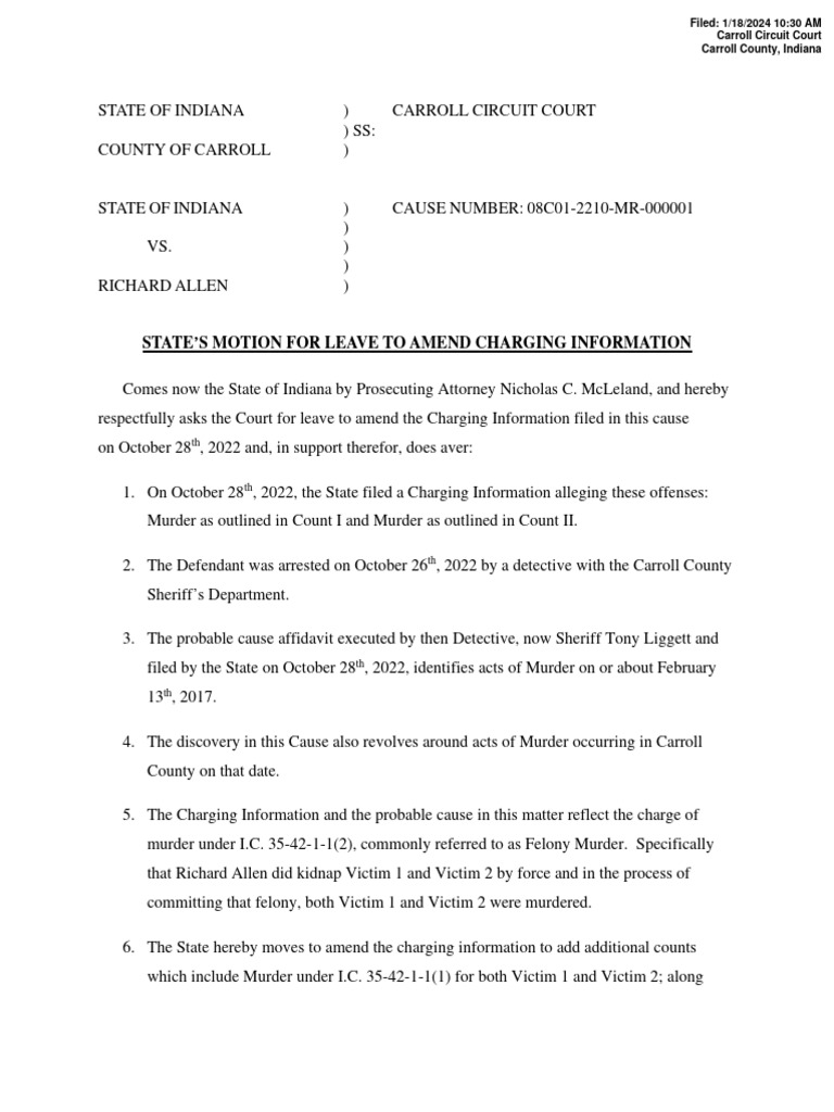 Richard Allen - Motion For Leave To File Amended Charges | PDF | Murder ...
