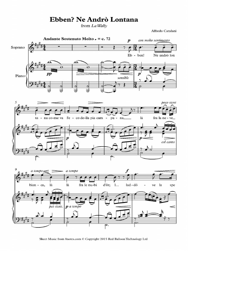 Catalani - Ebben - Ne Andrò Lontana From La Wally Sheet Music For ...