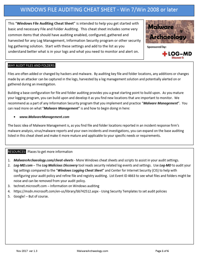 7.1 Windows+File+Auditing+Cheat+Sheet+ver+Nov+2017 | PDF | Computer File | Windows Registry