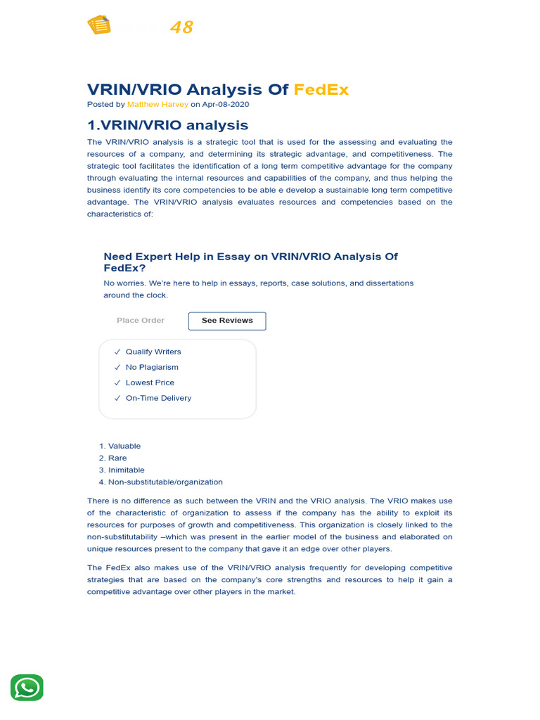 VRIN - VRIO Analysis of FedEx | PDF | Corporate Social Responsibility | Innovation