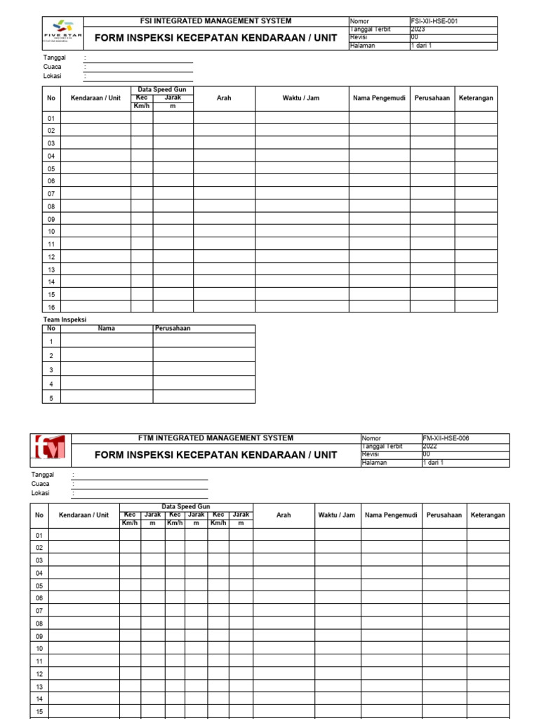 Form 006 Inspeksi Kecepatan | PDF