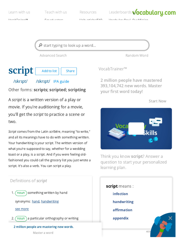 Script - Definition, Meaning & Synonyms | PDF | Vocabulary | English As ...