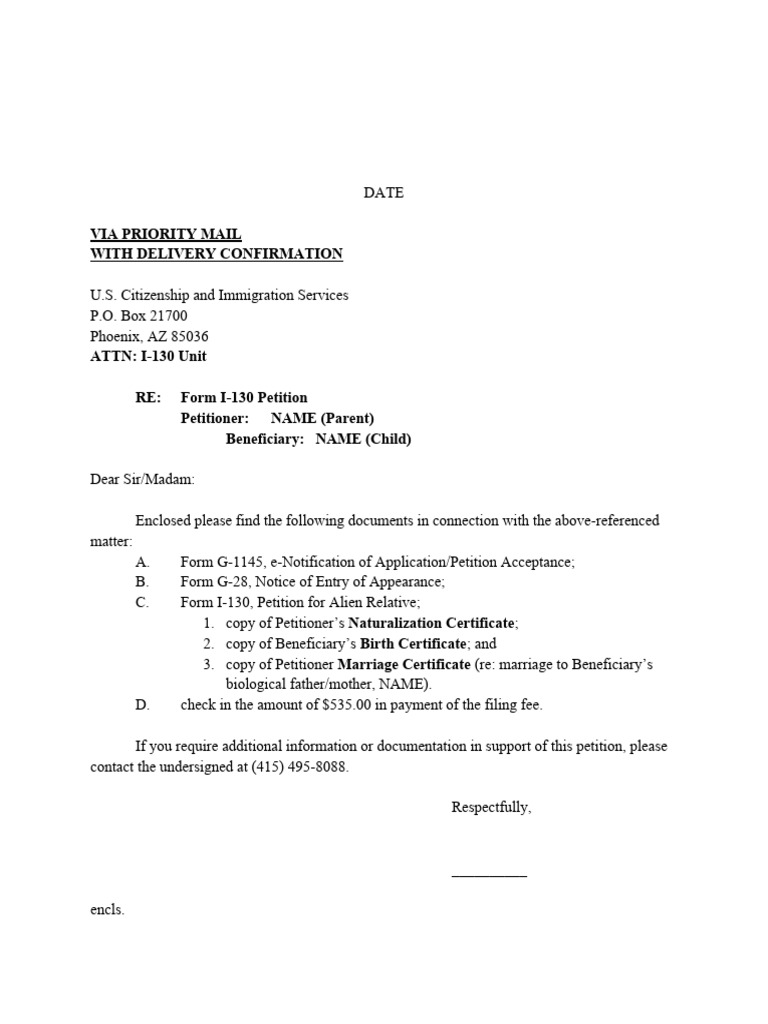 Template Letter To USCIS I130 Petition Minor Child | PDF