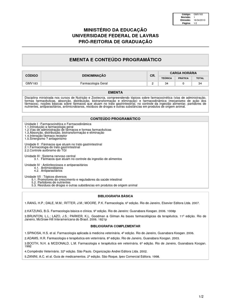 Ementa Farmacologia Geral | PDF | Farmacologia | Medicina Veterinária