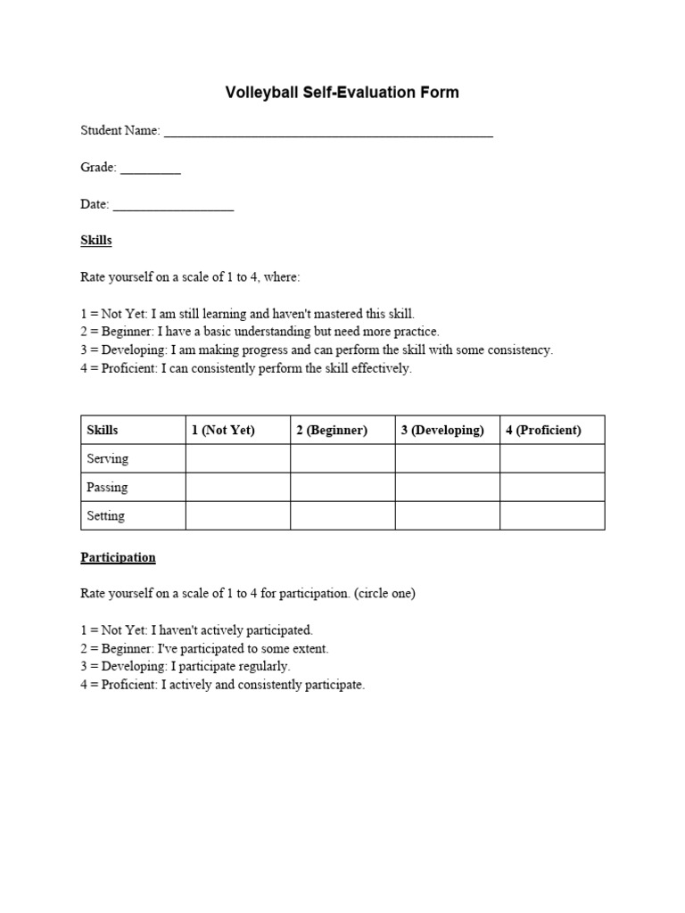 Volleyball Self-Evaluation Form | PDF