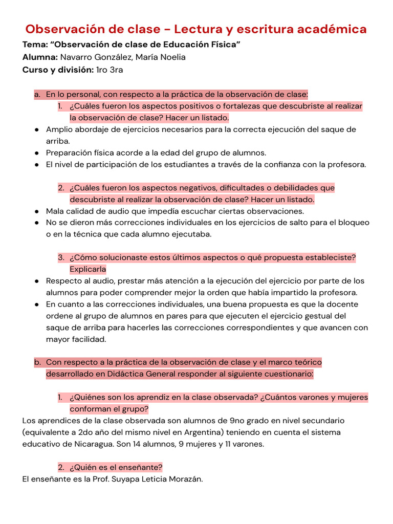 Observación de Clase - Lectura y Escritura Académica | Descargar gratis ...