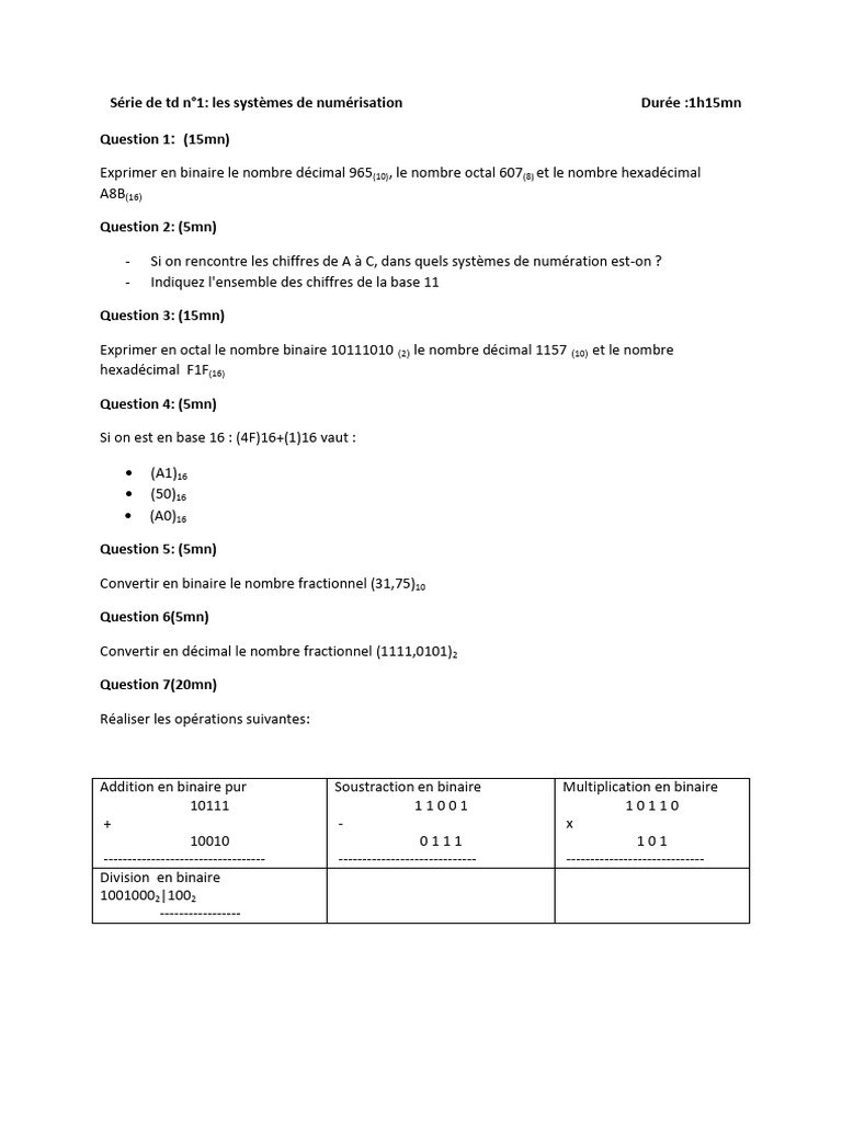 SÃ©rie de TD n1 | PDF | Décimal | Théorie du calcul