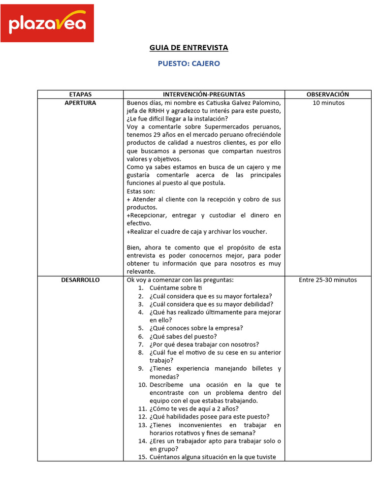 Guia de Entrevista Cajero | PDF