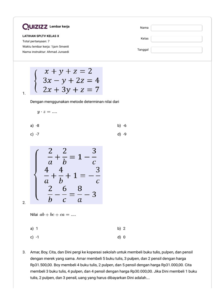 LATIHAN SPLTV KELAS X - Quizizz | PDF
