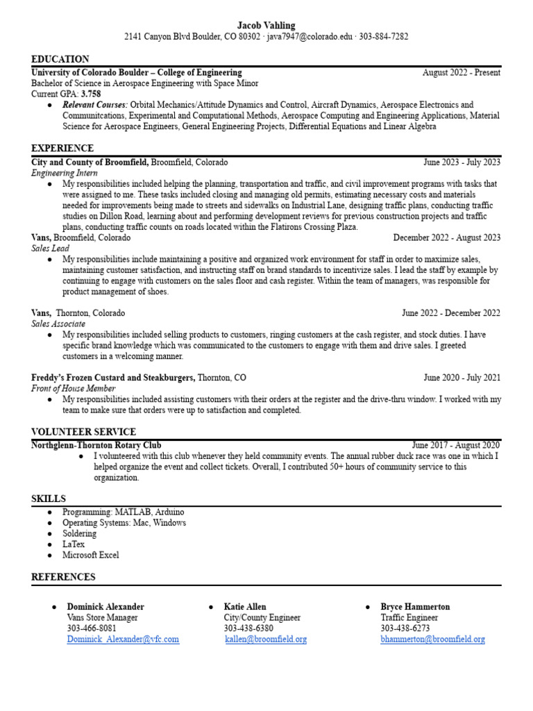 Resume - Jacob Vahling 2 | PDF | Engineering | Aerospace Engineering