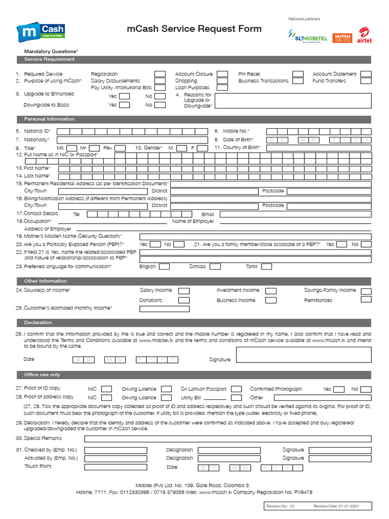 Mcash Service Request Form 2021 | PDF