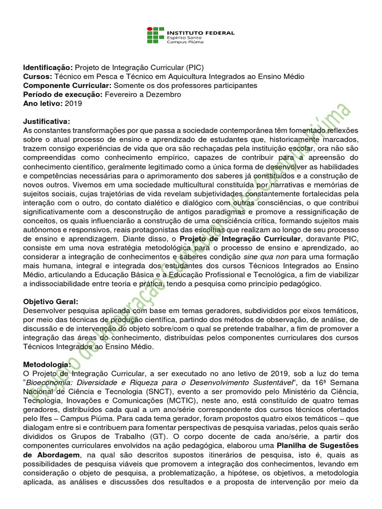 Projeto de Integracao Curricular-Pic - Ifes-Campus Piuma PDF | PDF ...