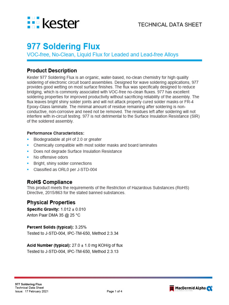 Kester 977 Soldering Flux en 17feb21 TB | PDF | Soldering | Solder