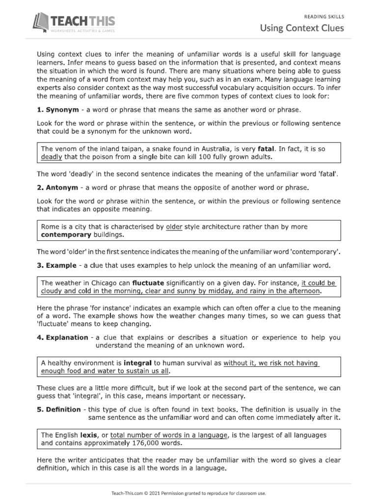 Worksheet Five Using Context Clues | PDF