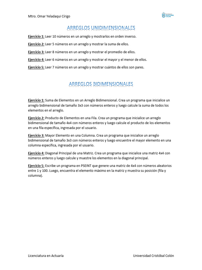 Ejercicios de Arreglos Uni y Bidimensionales | PDF Ejercicios de Arreglos Uni y Bidimensionales | PDF
