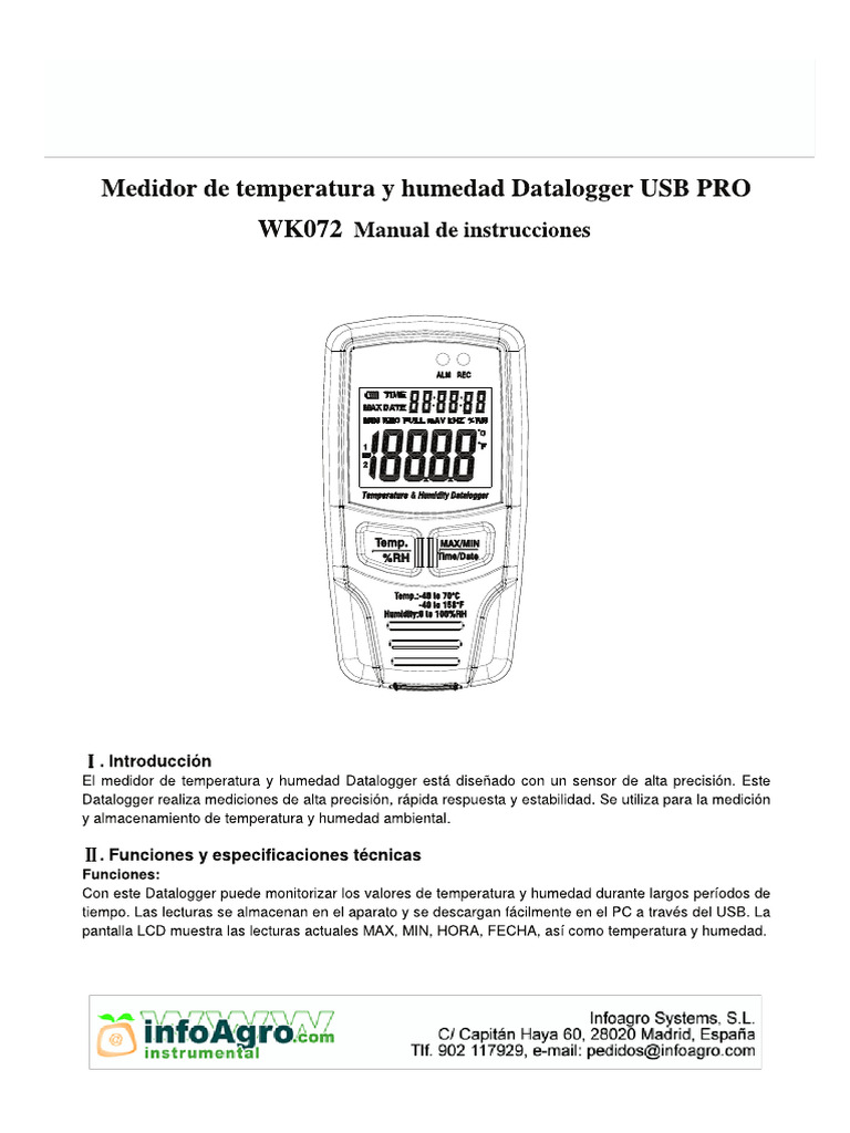 Instrucciones Medidor Registrador Temperatura Humedad Usb wk072 | PDF