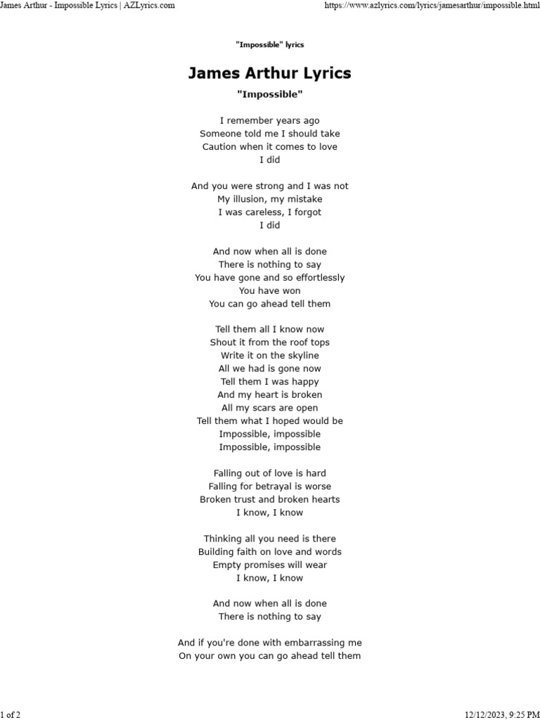 James Arthur - Impossible Lyrics | PDF