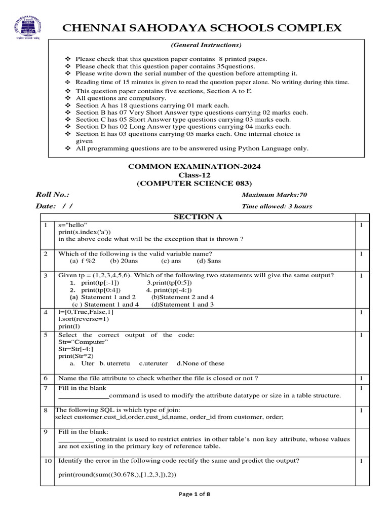QP-Computer Science-12-Practice Paper-1 | PDF | Databases | Data Management