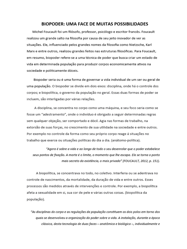 Biopoder e Biopolítica em Foucault | PDF | Michel Foucault | Vida