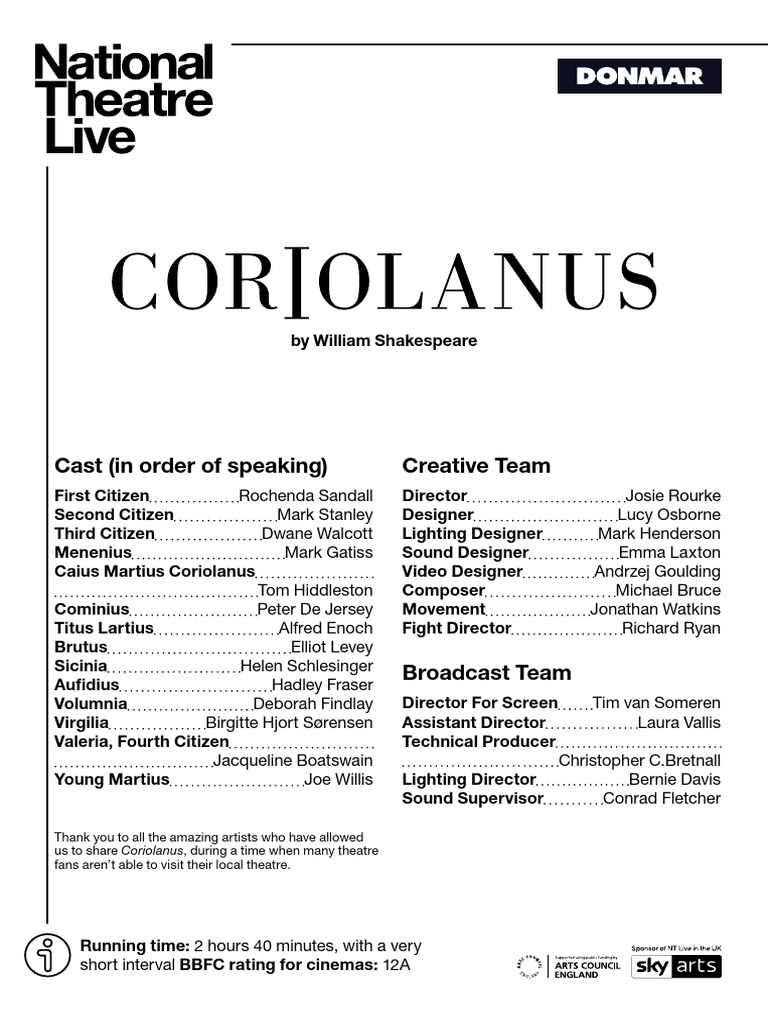 National Theatre at Home - Coriolanus Cast List v2 | PDF | Theatre